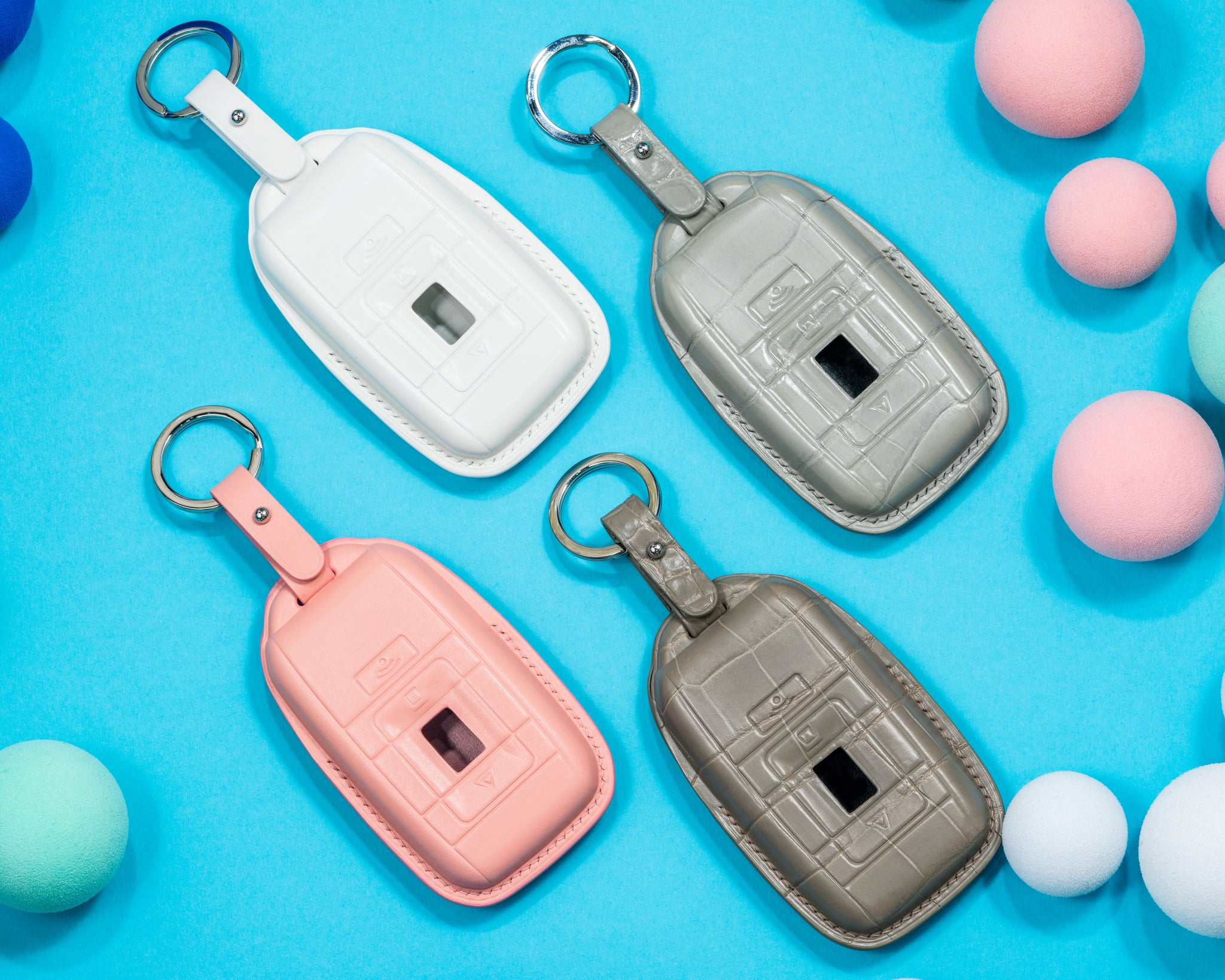 Bespoke Key Fob Covers in Grey Crocodile & Pink & White Nappa ...