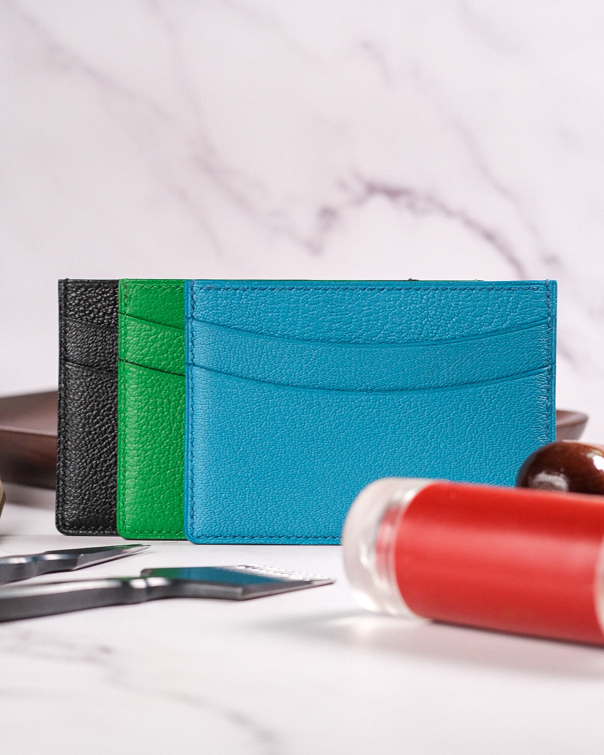 Bespoke Card Holders In Black, Apple Green & Turquoise Blue Chèvre ...