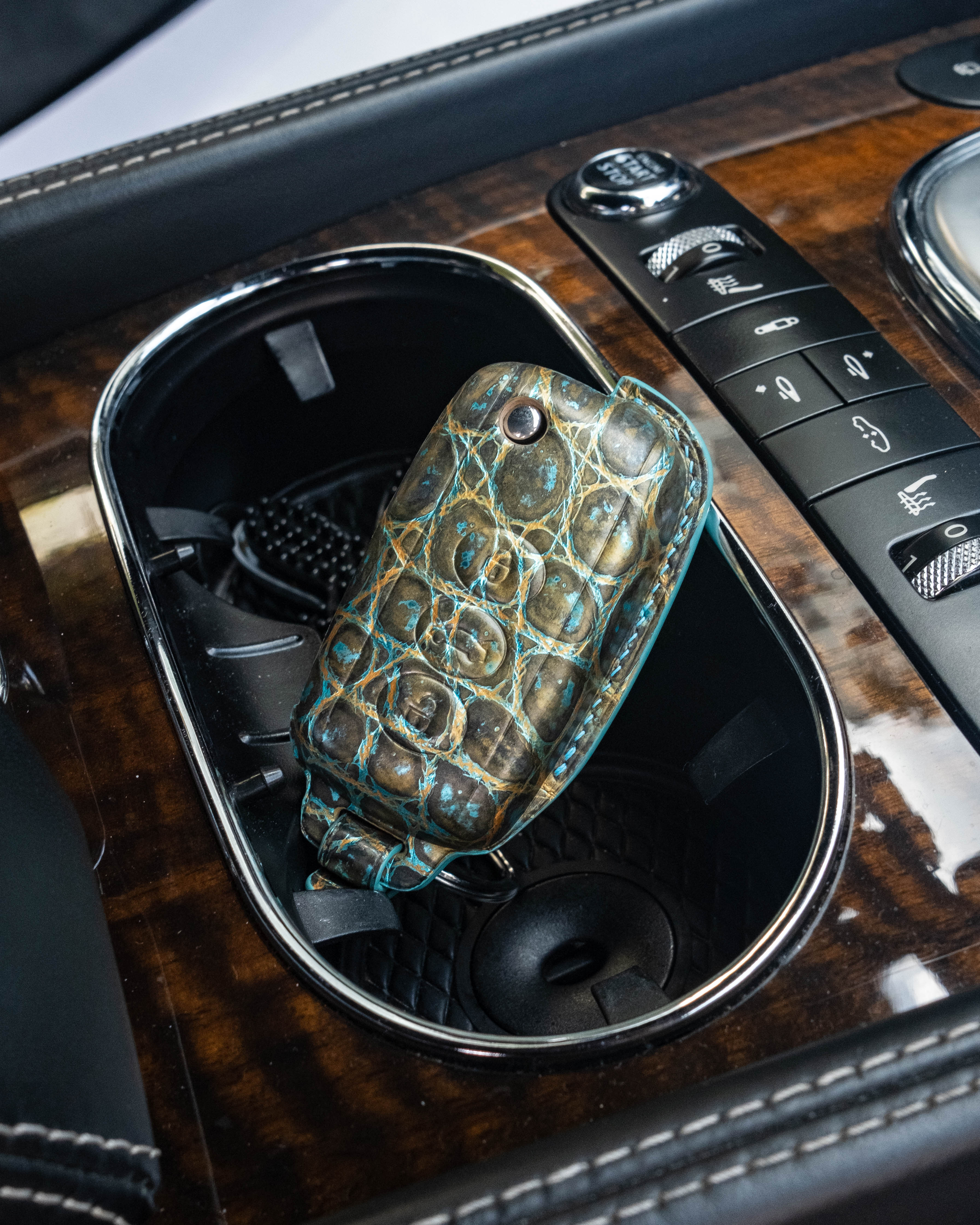 Bespoke Key Fob Cover in Gold Turquiose Crocodile – Solitaire Official