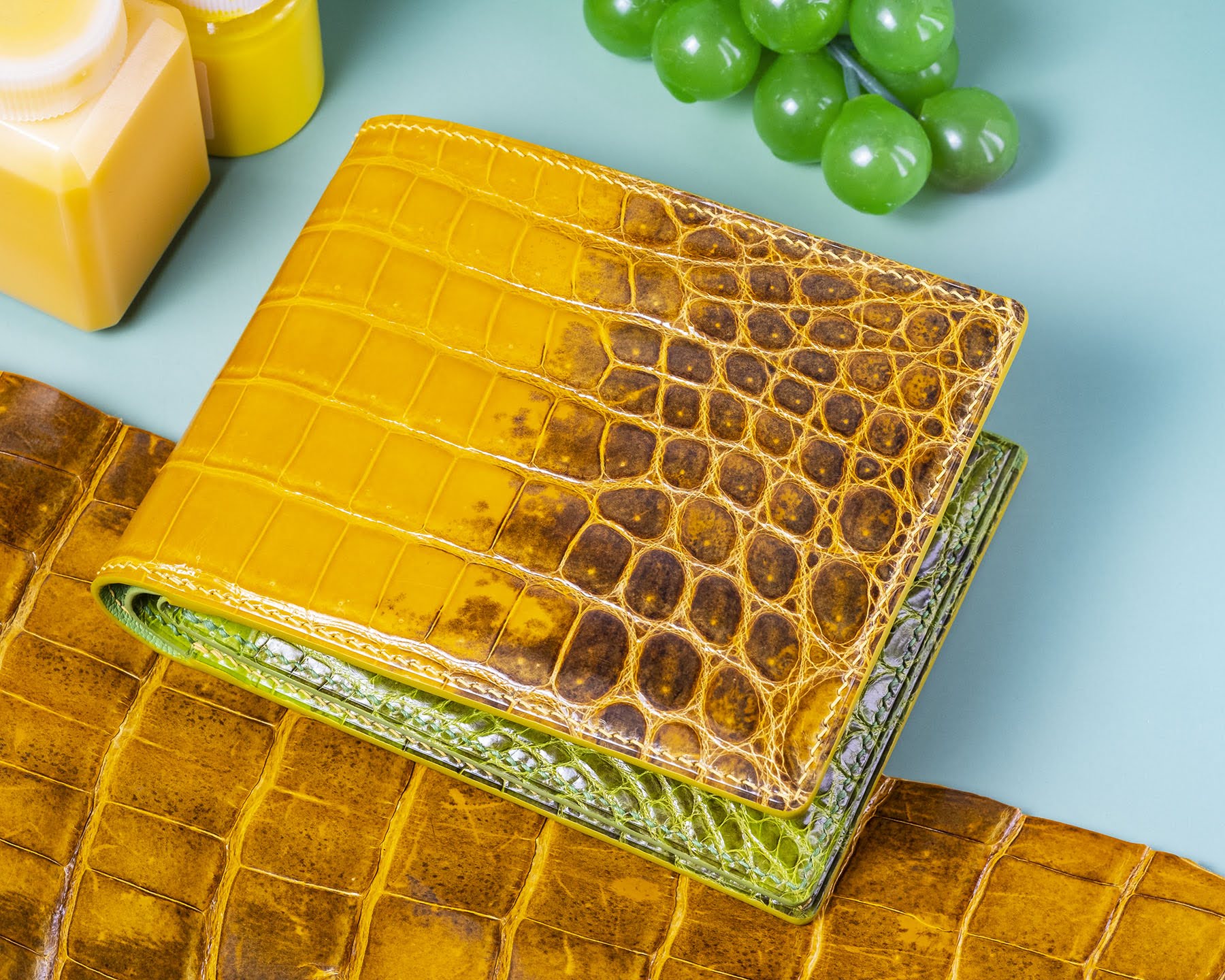 Bespoke Bifold Wallet in Yellow Himalayan & Apple Green Himalayan Croc ...