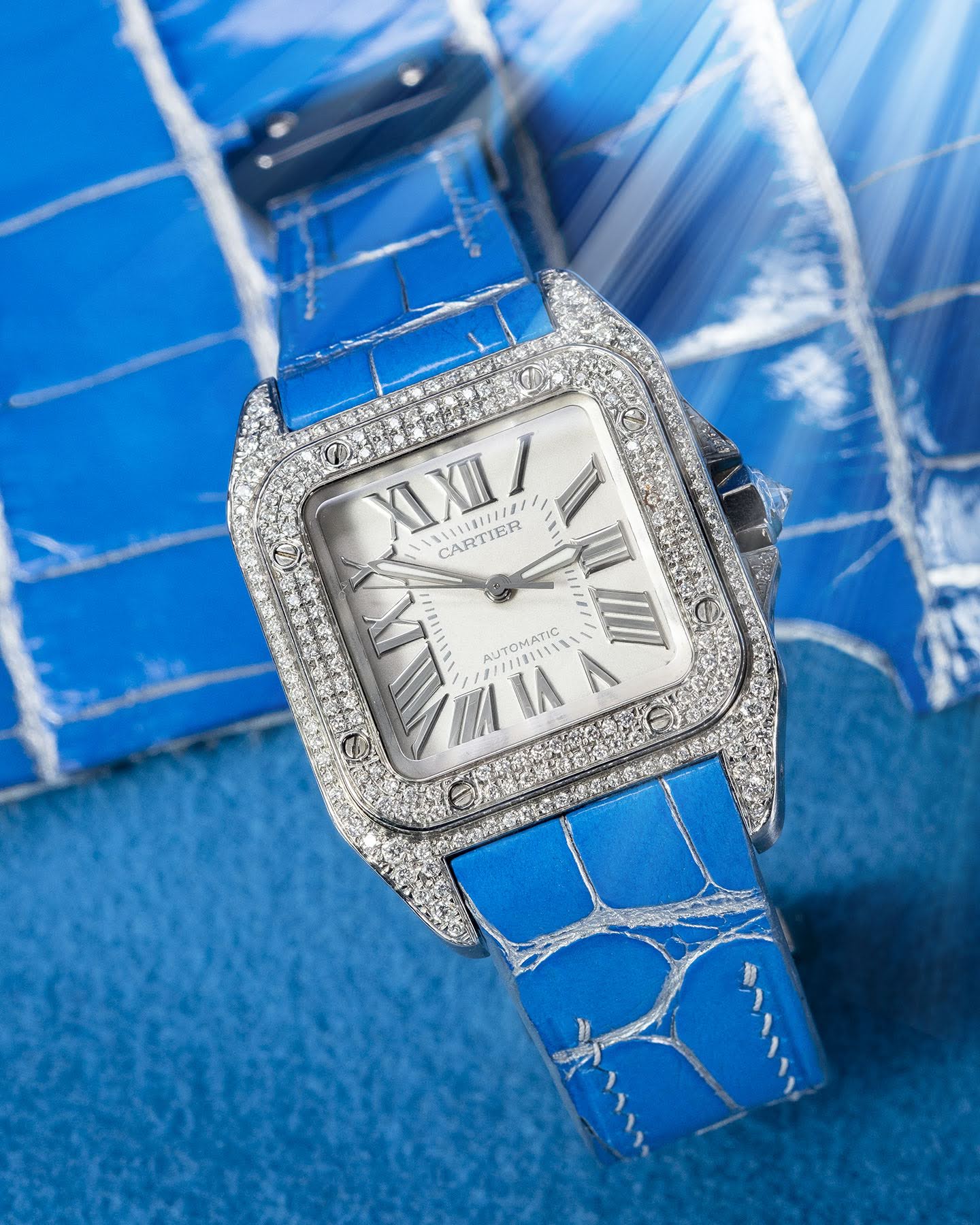 Bespoke Watch Strap in 2 Tone Blue Silver Alligator – Solitaire Official